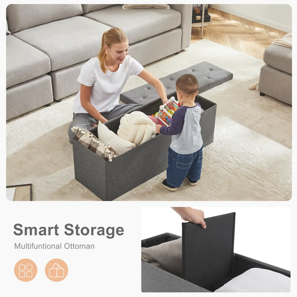 Hidden Storage Footstool Toy Box Bench – Linen Fabric 2-in-1 Ottoman ...